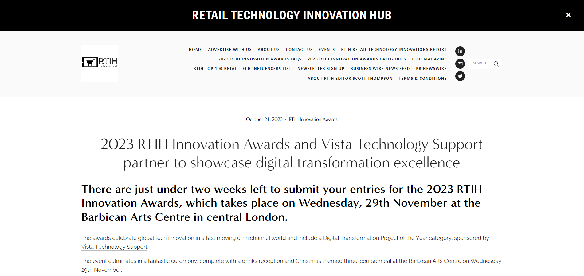 Vista Proud RTIH Awards Sponsor - Vista Technology Support